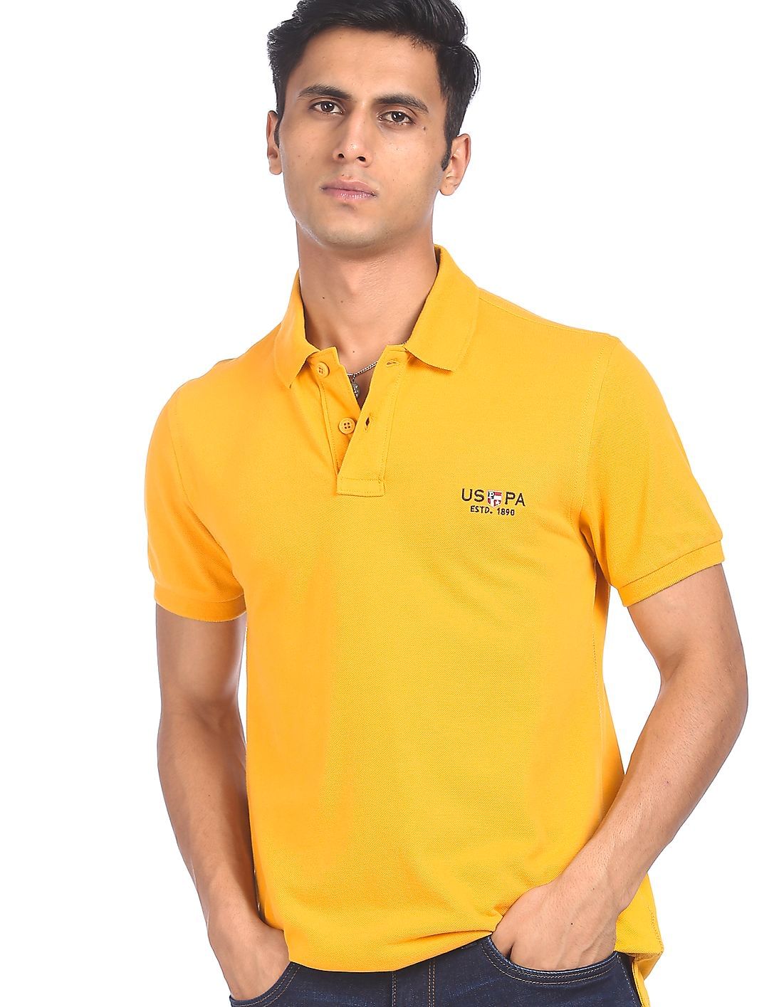 Buy U.S. Polo Assn. Men Yellow Cotton Solid Polo Shirt - NNNOW.com